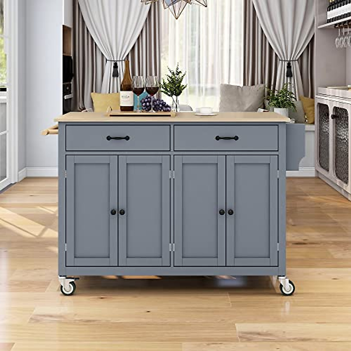 KELRIA Solid Wood Top, Mobile Carts with Storage Cabinet, Rolling Kitchen Table with Spice, Towel Rack, and Drawer, Portable Islands on Wheels, Gray, 54.3 Inch, Grey Blue