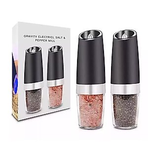 Electric Gravity Salt And Pepper Grinder Set Automatic Battery Powered With Led Light Adjustable Coarseness Stainless Steel Pack Of 2 (Black)