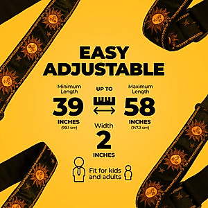 Perris Leather Guitar Strap - Sunshine Motif Jacquard Ribbon Guitar Strap, with Leather Ends - Electric/Acoustic/Bass Guitar Strap - Adjustable Strap From 39″ to 58″ - Black