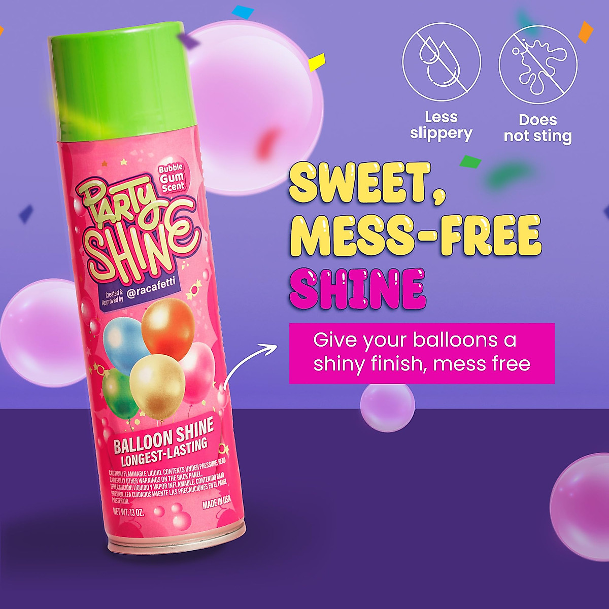 Party Shine Bubble Gum Balloon Shine Spray, Silicone Spray for Latex Balloons, Sweet Bubble Gum Scent, Waterproof, Non-Slip Formula, Balloon Spray Shine Perfect for Party Decorations, 13oz (1 Pack)