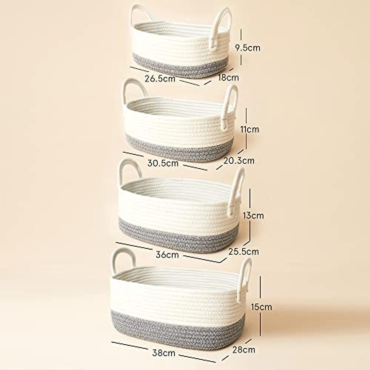 LA JOLIE MUSE 15 Inch Cotton Rope Woven Storage Basket Set of 4, Stackable Multipurpose Organizer Bins with Handles, White & Gray