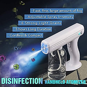 InfiniteTEC Cordless Disinfectant Nano Mist Gun Plant Repellent Control 800ml Portable Electric Sprayer Blue Light Sterilization Fogger for Home Office School Garden Hospital and Transportation