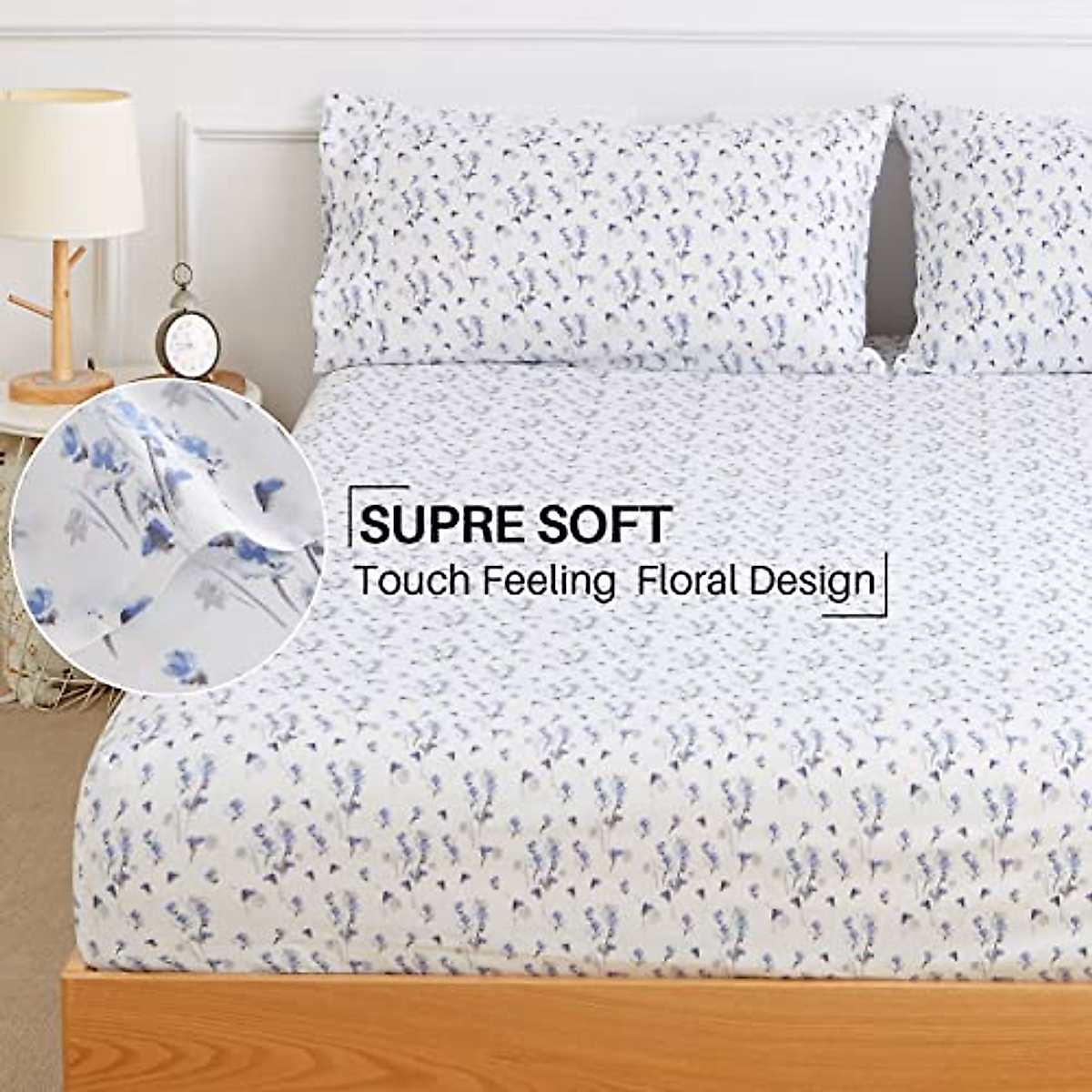 ILVOE Queen Size Bed Sheets, 4 Piece Floral Pattern Sheets, 16" Deep Pocket Sheets, Soft Luxury Cooling Sheets, Easy Care-Queen, Blue Flower