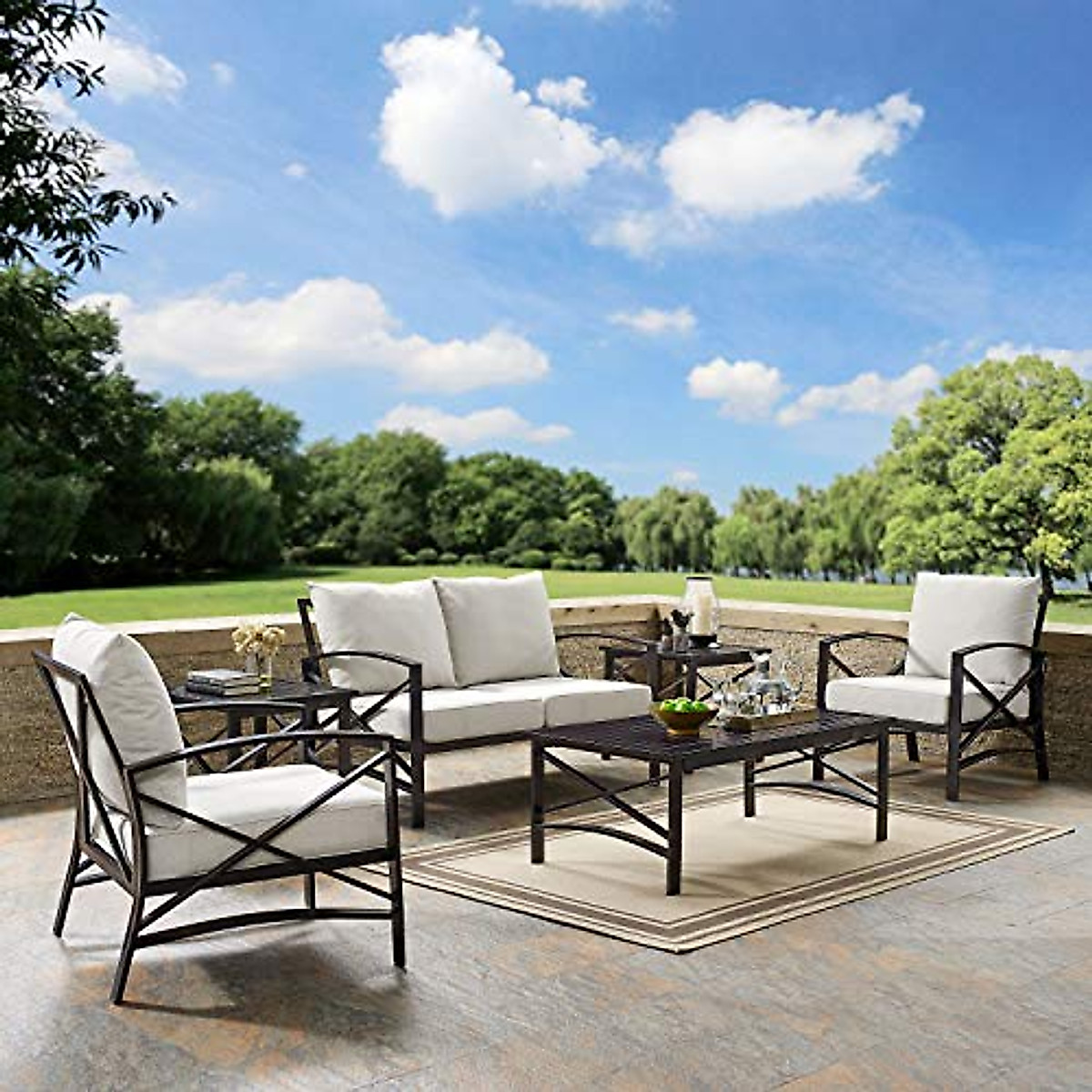 Crosley Furniture Kaplan 6-Piece Outdoor Loveseat Patio Furniture Set, Conversation Sets for Porch, Deck, Oiled Bronze with Oatmeal Cushions