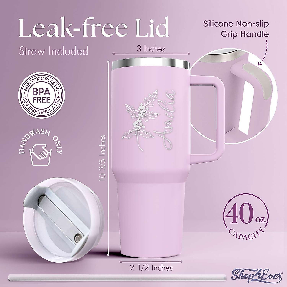 Custom Personalized Birth Flower Flower Your Name Engraved Insulated Stainless Steel Tumbler with Handle, Lid, and Straw 40 oz. Birthday Gift for Her