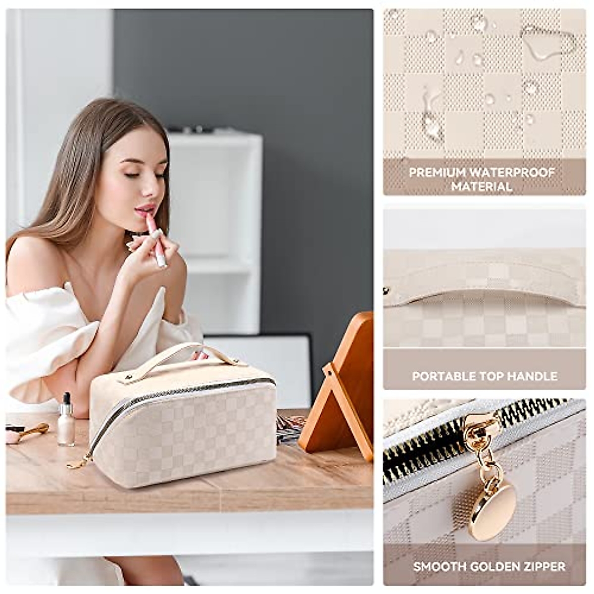 BAGCRAZY 2 Pcs Waterproof PU Leather Checkered Makeup Bag, Large Capacity Travel Cosmetic Bag - Portable Makeup Bags for Women, Lightweight Design and Waterproof Toiletries Bag for Cosmetic, White