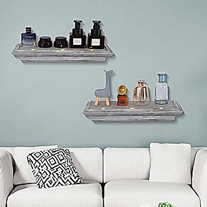 Eitida Wall-Mounted Wood Floating Display Shelves with Spotlight, Set of 2 for Entrance, Kitchen, Bedroom, Living Room Storage and Decor, Gray.(Battery Not Included)