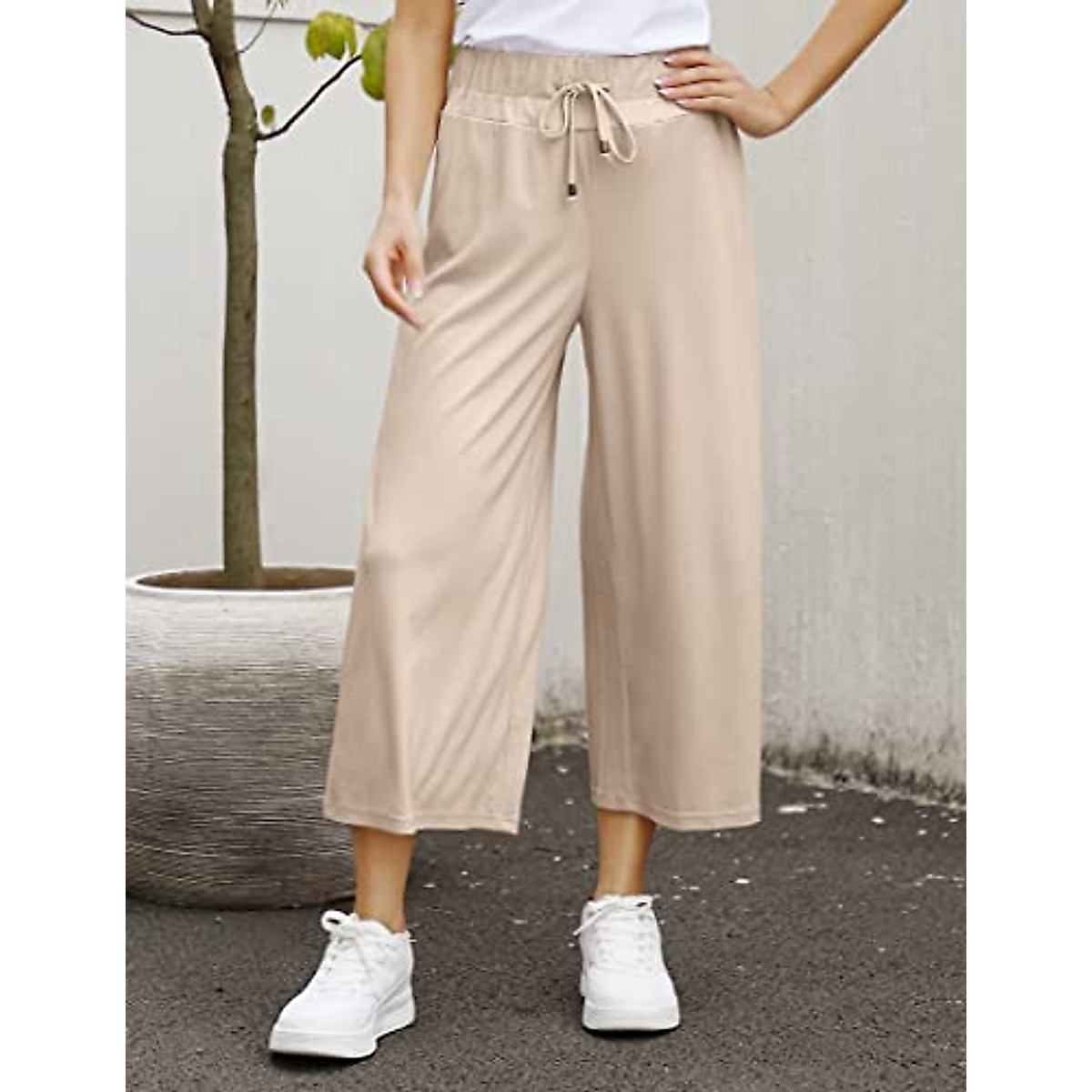 GlorySunshine Womens Linen Wide Leg Pants Elastic Waist Solid Palazzo Casual Loose Drawstring Trousers with Pockets New-Apricot L