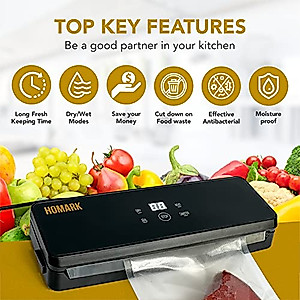 HOMARK Vacuum Sealer Machine, Digital Display Smart Function Household 80 kPa Food Saver Vacuum Sealer with Tempered Glass Surface, Dry Moist Mode, Includes 10 Vacuum Bags 6”x10’, 3 Food Modes,2 Pump Speed, Lab Tested