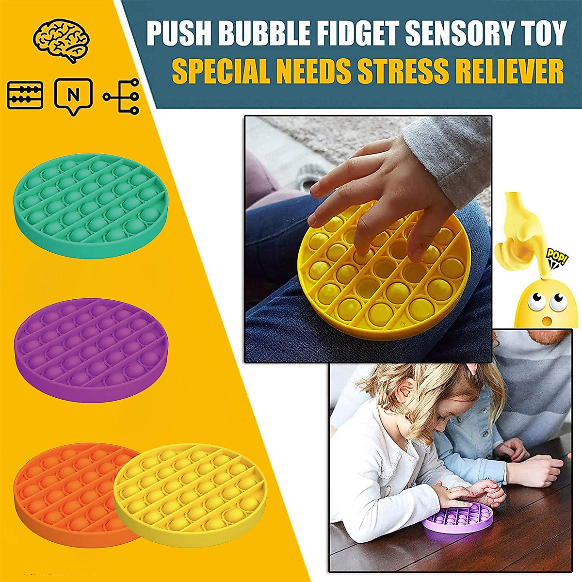 HHK Push Pop Bubble Sensory Fidget Toy, Silicone Squeeze Stress Reliever, Help Restore Emotions Round Purple