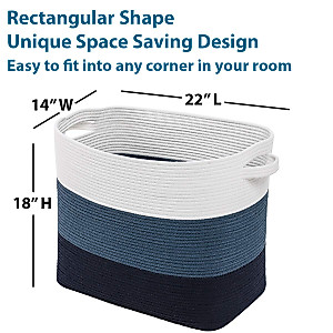 22"x14"x18" Mega Size Rectangular Extra Large Storage Basket, Rectangular Cotton Rope Storage Baskets, Woven Laundry Hamper, Cloth Storage Bin, for Clothes Blanket in Living Room, Dark Blue/Deep Blue