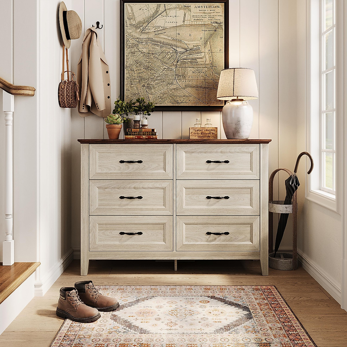 LINSY HOME Farmhouse 6 Drawers Dresser, White Wood Dresser for Bedroom Wide Chest of Drawers, French Country Storage Double Dressers Organizer for Bedroom, Living Room