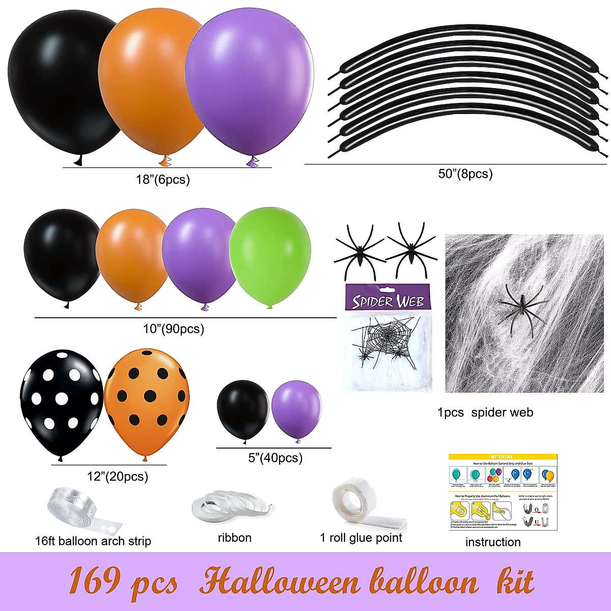 169pcs Halloween Balloon Garland Arch Kit, Halloween Party Decorations Supplies, Large Size Halloween Balloon Garland with Spider Balloon, Halloween Spider Web
