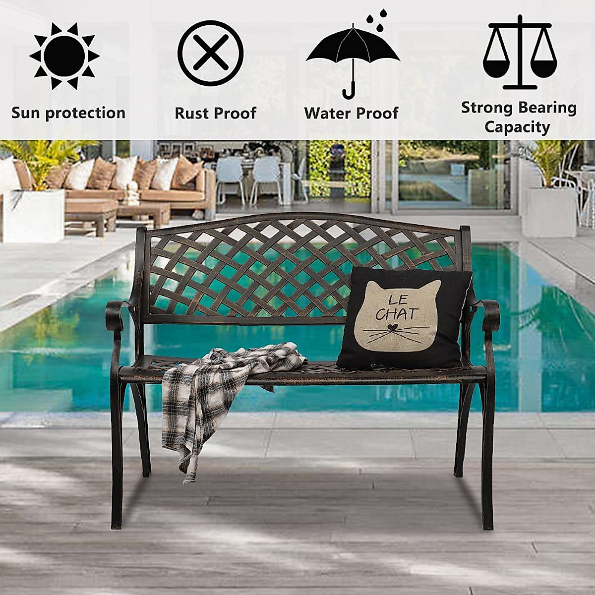 JOYBASE Outdoor Bench, Garden Patio Bench with Backrest, All-Weather Aluminum Frame, Patio Furniture Decor, Rustic Outdoor Loveseat for Lawn, Porch and Park (Bronze)