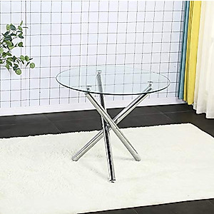 STYLIFING Round Glass Dining Table - Modern Round Dining Table with Tempered Glass Top, Silver Chrome Plated Metal Legs, Kitchen Table Dining Room Table for 4, Coffee Table for Living Room,Small Space