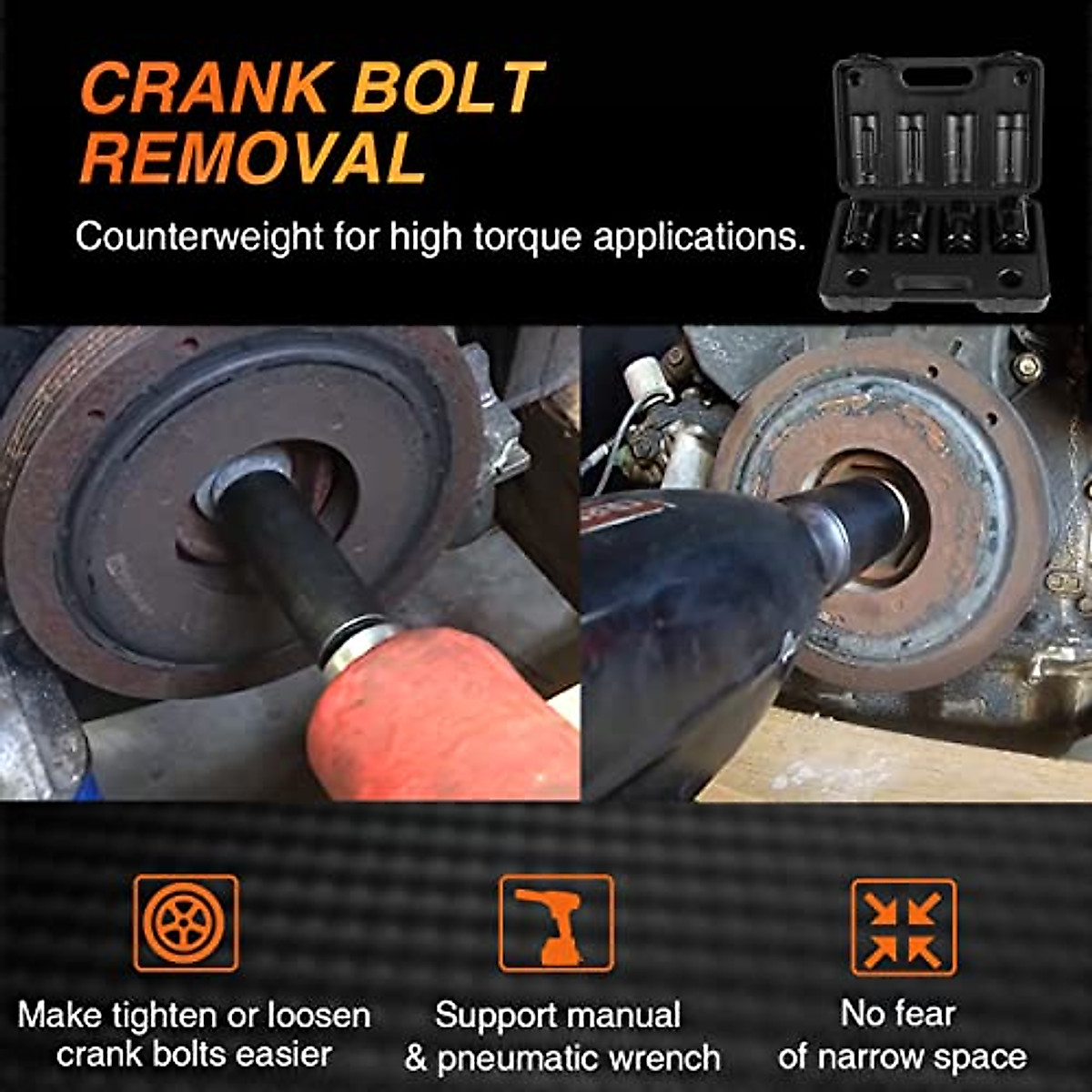 4 Pack Crank Bolt Socket Set, 17MM, 21MM, 22MM, 27MM, Harmonic Balancer Socket Set, 1/2-Inch Metric Deep Impack Socket Set, 3 Times Momentum Power of Standard Impact Sockets