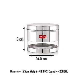 HAZEL Stainless Steel Containers Set For Kitchen Storage Transparent See Through Glossy Finish Storage Jars Dabba, Set of 5, 2000 ML Each, Silver