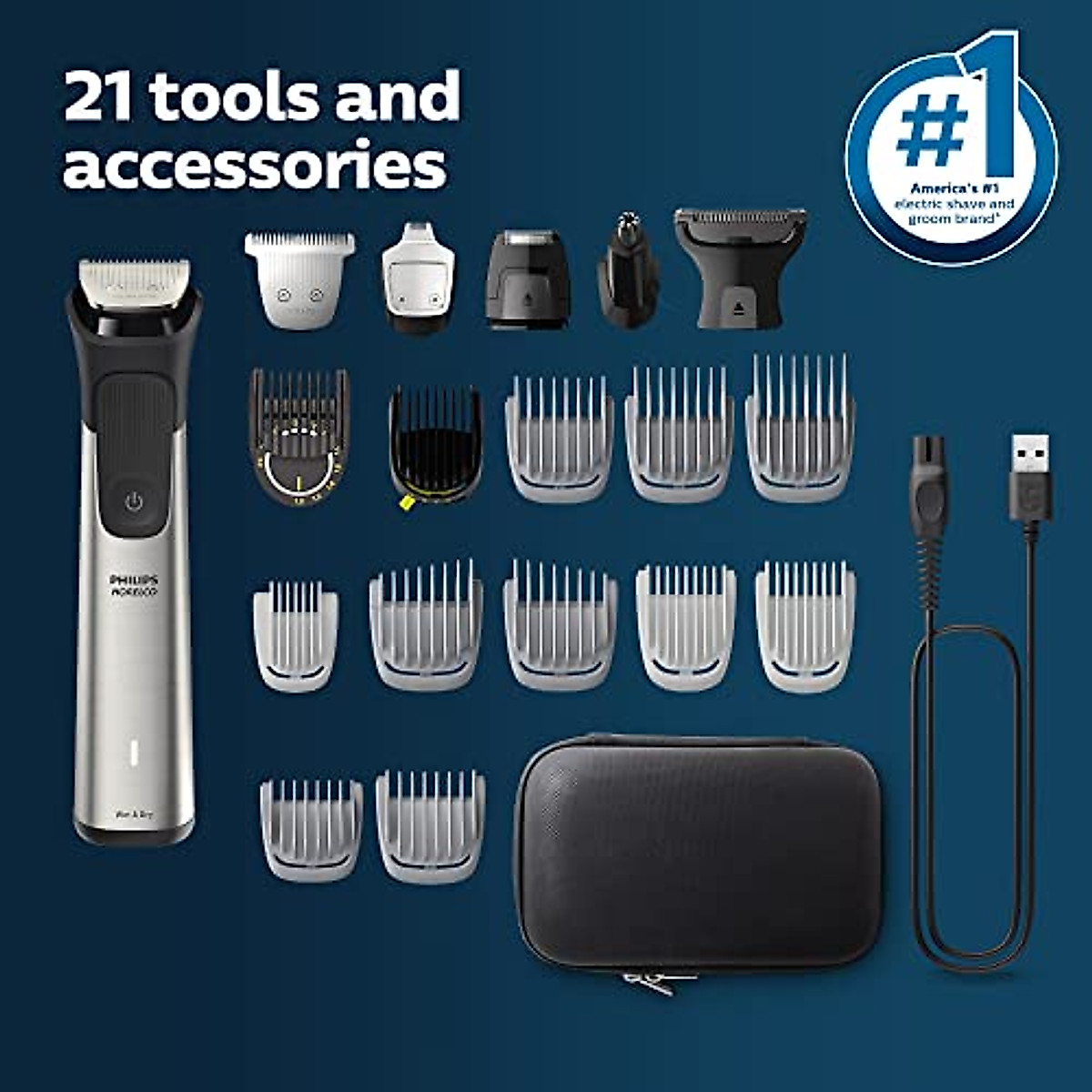 Philips Norelco Multigroom Series 9000 - 21 piece Men's Grooming Kit for beard, body, face, nose, ear hair trimmer w/ premium storage case, MG9510/60