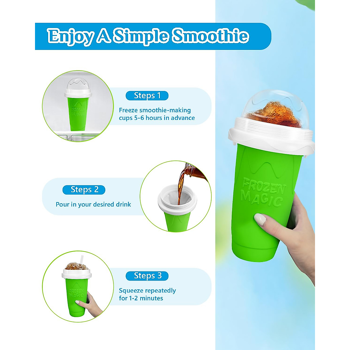 Slushy Maker Cup, DIY Magic Slushy Maker Squeeze Cup, Portable Smoothie Squeeze Cup for Juices, Milk and Ice Cream Make, Double Layers Silica Cup with Lid & Straw for Kids, Friends, Family (Green)1
