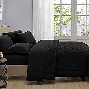 Love's cabin Full/Queen Comforter Set Black, 7 Pieces Queen Bed in a Bag, All Season Full/Queen Bedding Sets with 1 Comforter, 1 Flat Sheet, 1 Fitted Sheet, 2 Pillowcase and 2 Pillow Sham