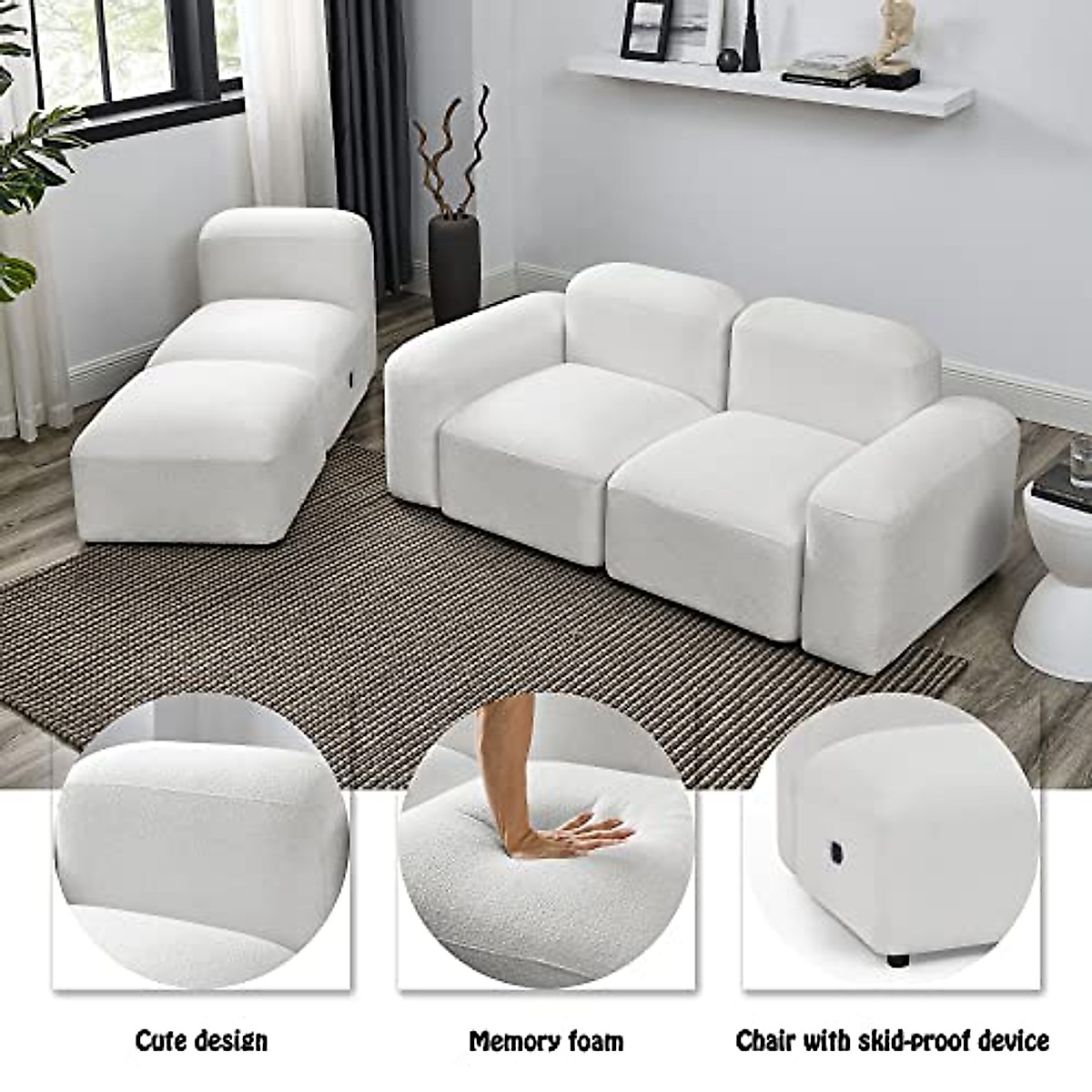 Melpomene Convertible Modular Sectional Sofa,Modern Minimalist 94.5" DIY L Shaped Reversible Loop Yarn Sofa Couch for Living Room,Apartment,Office(Ivory)