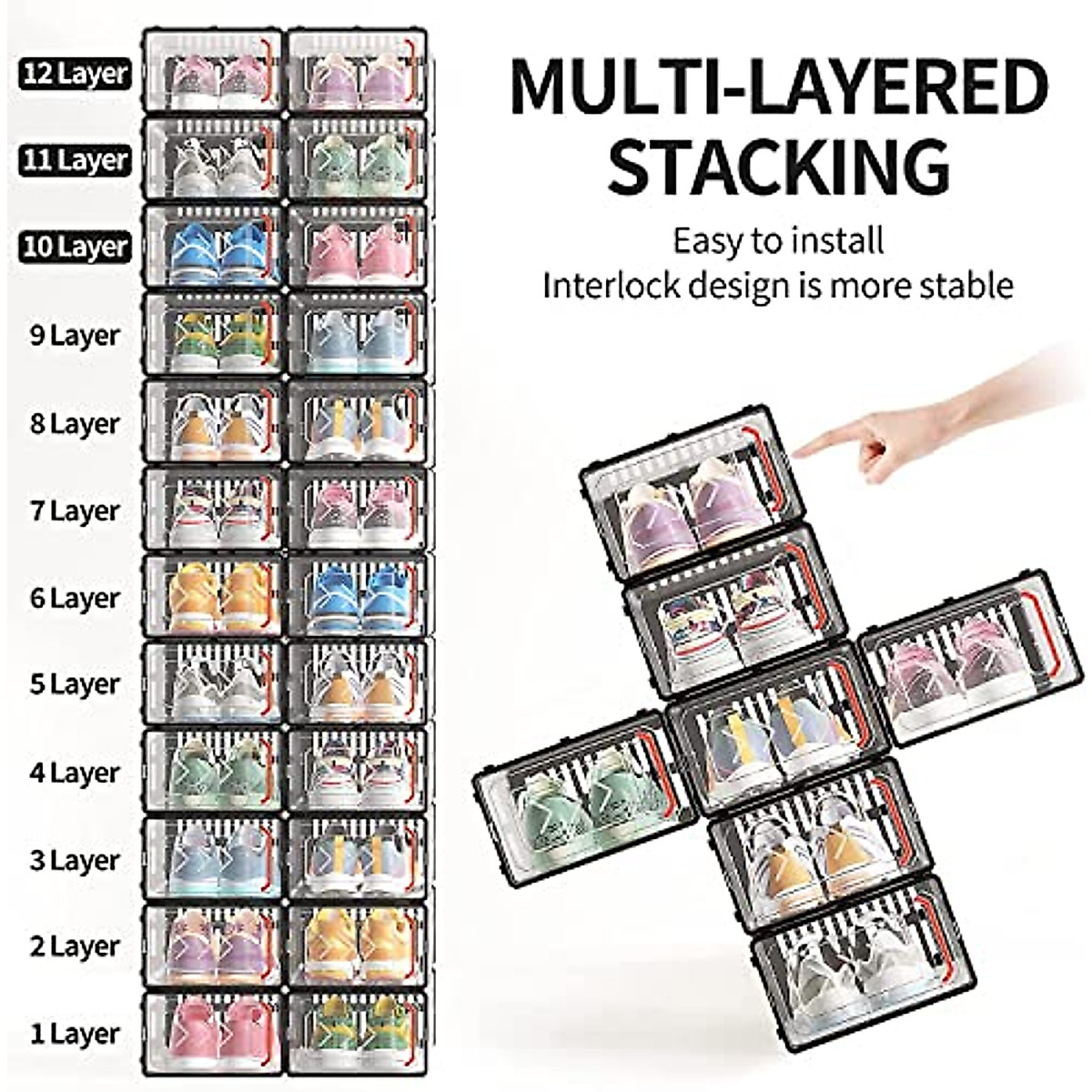 Gardace 12 Pack Shoe Organizer, Clear Plastic Stackable Shoe Organizer for Closet, with Red Door Handle, Universal Shoe Storage Boxes for Men and Women, Multifunctional Closet Organizers and Storage