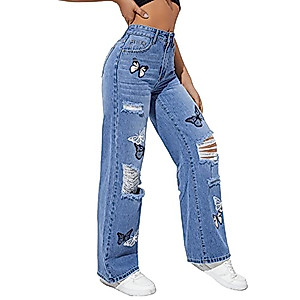 SweatyRocks Women's Ripped Straight Leg Jeans High Waist Distressed Cutout Denim Pants Blue Butterfly S