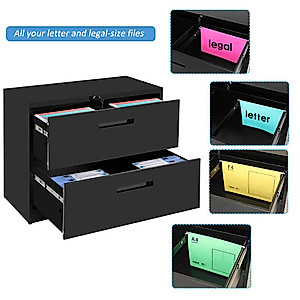 Rockjame Lateral Filing Cabinet, 2 Drawer Metal Lockable File Cabinet for Commercial Grade Office Legal and Letter File (Black)