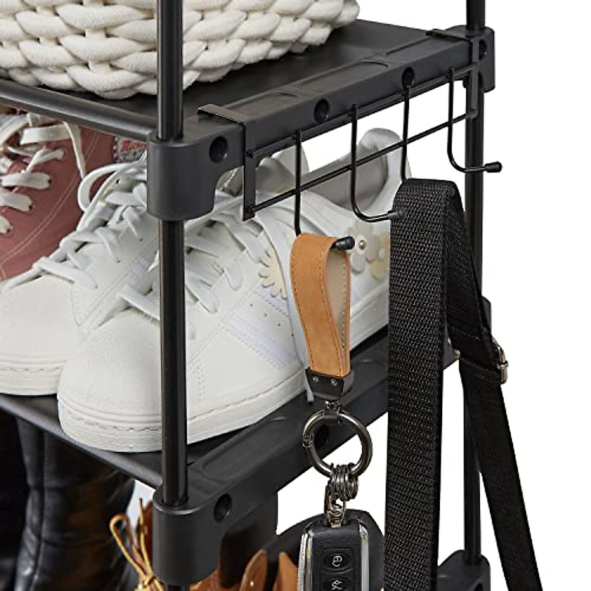 EXQ Home Black Metal Shoe Rack for Closet,8 Tiers Free Standing Shoe Racks for Entryway with Side Hooks,24-30 Pairs Shoe and Boots Shelf, Tall Shoe Organizer for College Dorm, Door and Garage