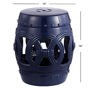 JONATHAN Y TBL1022B Lucky Coins 16" Chinese Ceramic Drum Garden Stool Bohemian, Coastal, Classic, Cottage, French Country, Traditional, Transitional, Side Table, Plant Stand, Spill-Proof, Navy