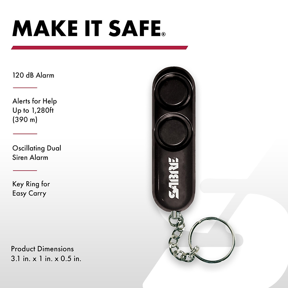 SABRE Personal Alarm With Key Ring, 120dB Alarm, Audible Up To 1,280 Feet (390 Meters), Simple Operation, Reusable, Black