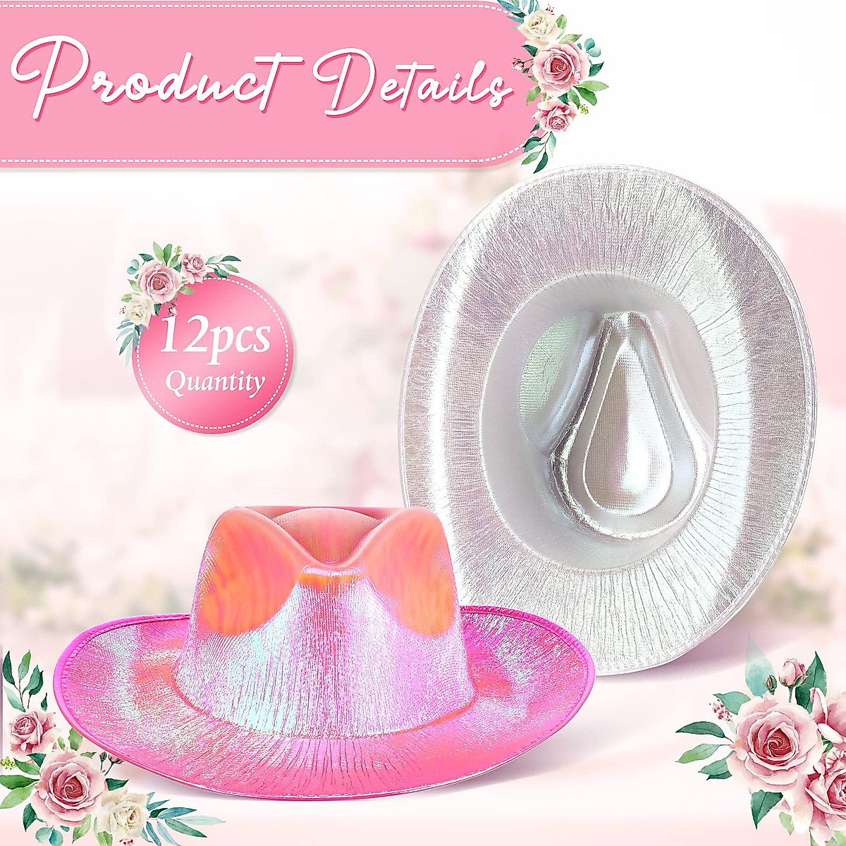 Yahenda 12 Pcs Bachelorette Cowgirl Hats Holographic Bride Cowboy Hat for Western Bachelorette Party Bride Bridesmaid Wedding (White, Pink)