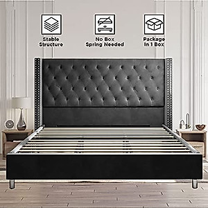 Jocisland King Bed Frame Upholstered Bed Wingback Headboard Velvet Tufted Diamond Button/No Box Spring Needed/Easy Assembly/Dark Gray