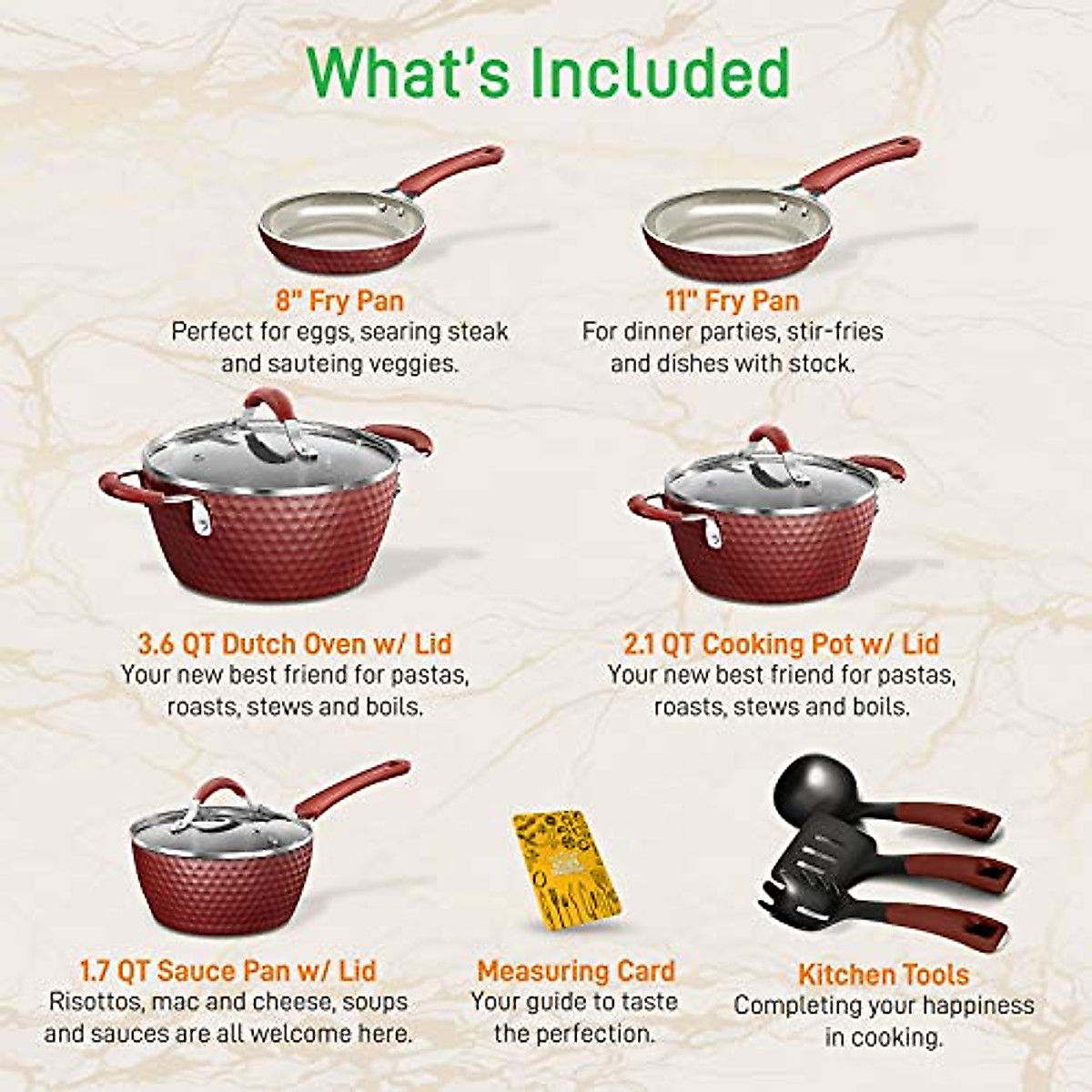 NutriChef Non-Stick Kitchenware Pots & Pans-11 Pcs. Stylish Kitchen Cookware Set w/Elegant Diamond Pattern, Gray Inside & Red Outside, Metal, Silicone Handle, PTFE/PFOA/PFOS Free, Red