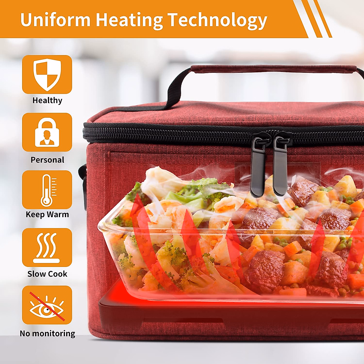 Aotto Electric Lunch Box Food Heater - 12V/24V/110V 3-in-1 Portable Oven & Food Warmer, Heated Lunch Box for Adults, Cook, Reheat, Keep Meals Warm for Car, Truck, Office, Travel, Home - Red