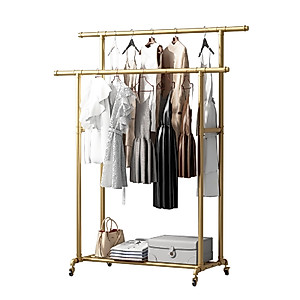 BOSURU Double-Rod Gold Clothes Racks, Industrial Pipe Clothing Rack with Wheels, Garment Rack with Shelf and 2 Side Rods, Loads up to 220 lb, for Bedroom, Clothing Store, Gold