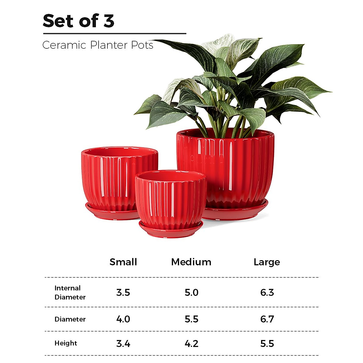 Ton Sin Ceramic Plant Pots - 4/5/6 Inch Red Planters Set of 3 with Drainage Holes and Saucer - Indoor Flower Pots for Plants Ceramic Planters for Indoor Gardening Succulent Pots