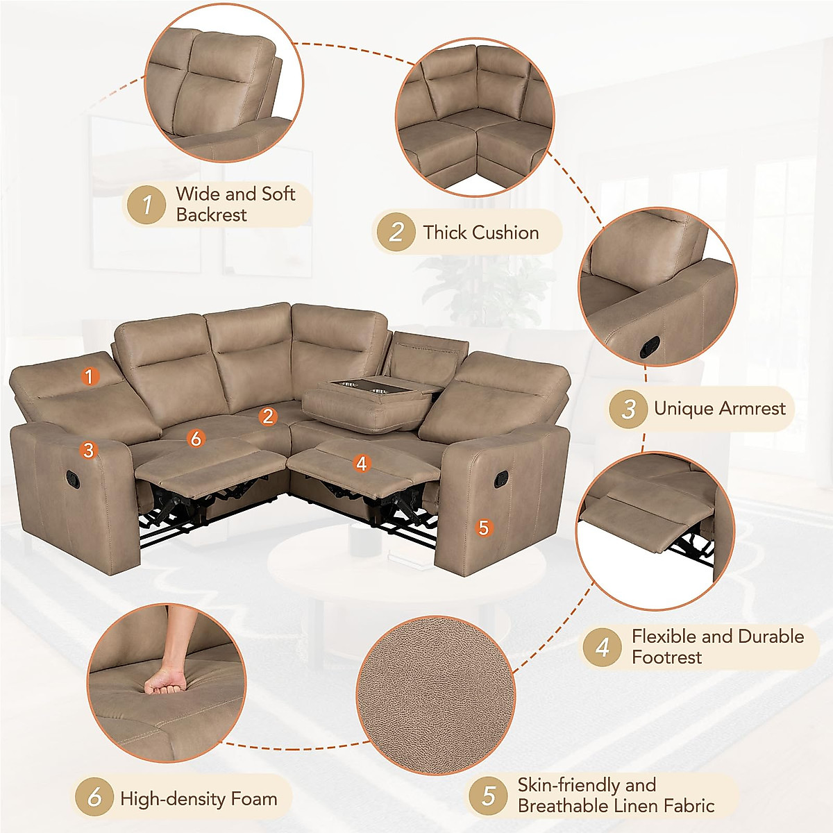 Mystiqueserenity Manual Reclining Home Theater Seating Recliner Chair Sofa with Flipped Middle Backrest and Console, 2 Cup Holders for Living Room, Bedroom, Home Theater, Light Brown