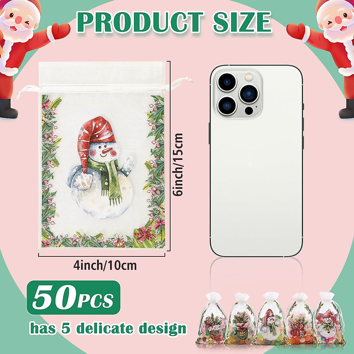 50 Pack Christmas Organza Bags 4x6 inches Christmas Mesh Drawstring Small Gift Bags Christmas Goodie Candy Bags for Holiday Party Favors Decoration