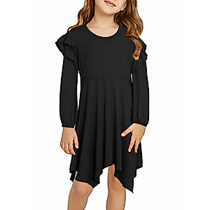 blibean Girls Long Sleeve Dress Tween Fall Boho Puff Dresses Cute Tiered Elastic Cuff High Low Ruffle Outfit Swing Clothes Midi Kid Clothing Size 8-9 Years Old Solid Black