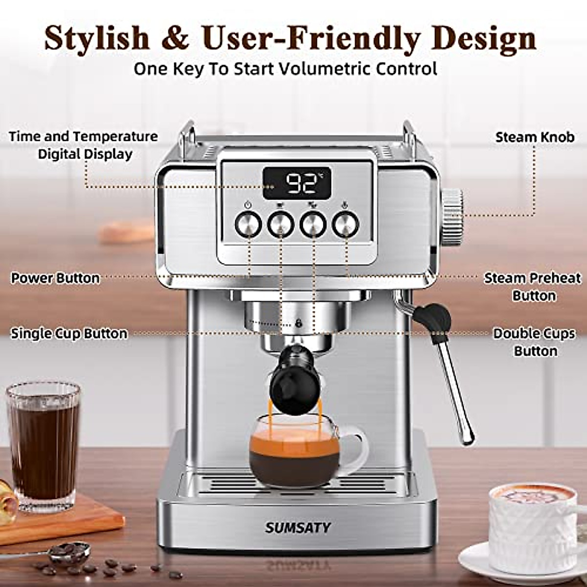 SUMSATY Espresso Machine, Espresso Machine with Milk Frother, Fast Heating Automatic, Latte and Cappuccino Machine, 20 Bar Espresso Maker, Stainless Steel, 1.8L Water Tank