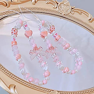 Showkanbay Phone Charms Strap,Pink Cute, Aesthetic Love Phone Chain Girl, Pearl Beaded Phone Lanyard Jewelry(strawberry)