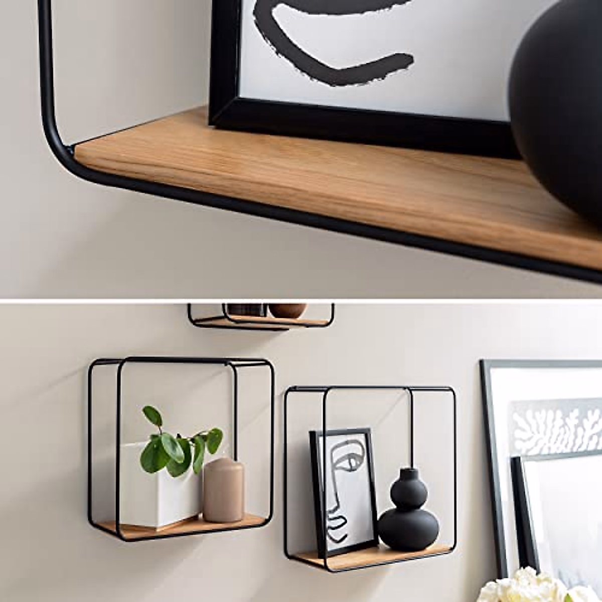 Kazai. Wall Shelves -Jona- | 3-Part Shelving Unit Made of Metal and Real Wood Veneer | Wall Decor, Storage and Book Shelf for Bathroom, Living Room, Kitchen, Bedroom and More | Oak