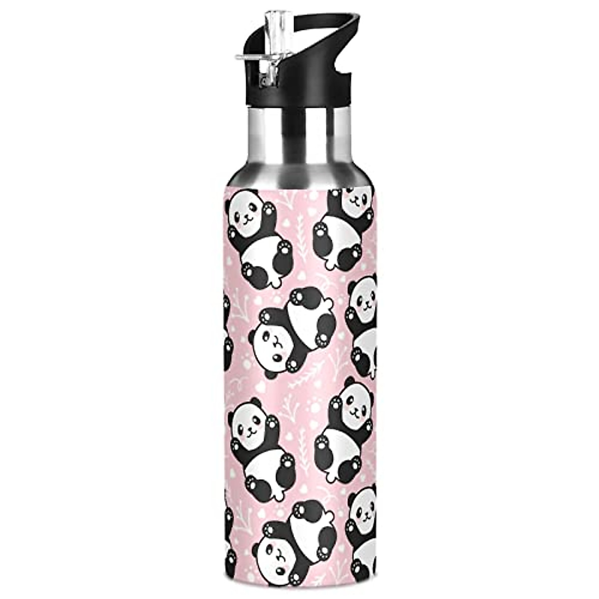 ALAZA Pink Pandas Water Bottle with Straw Lid Vacuum Insulated Stainless Steel Thermo Flask Water Bottle 20oz