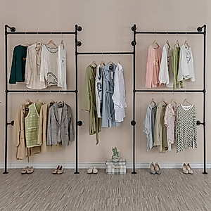 EDCB Industrial Pipe Clothes Rack, Heavy Duty Detachable Wall Mounted Black Iron Garment Bar, Clothing Store Display Stands Garment Rack Closet System (125.5 x 93.7inch)