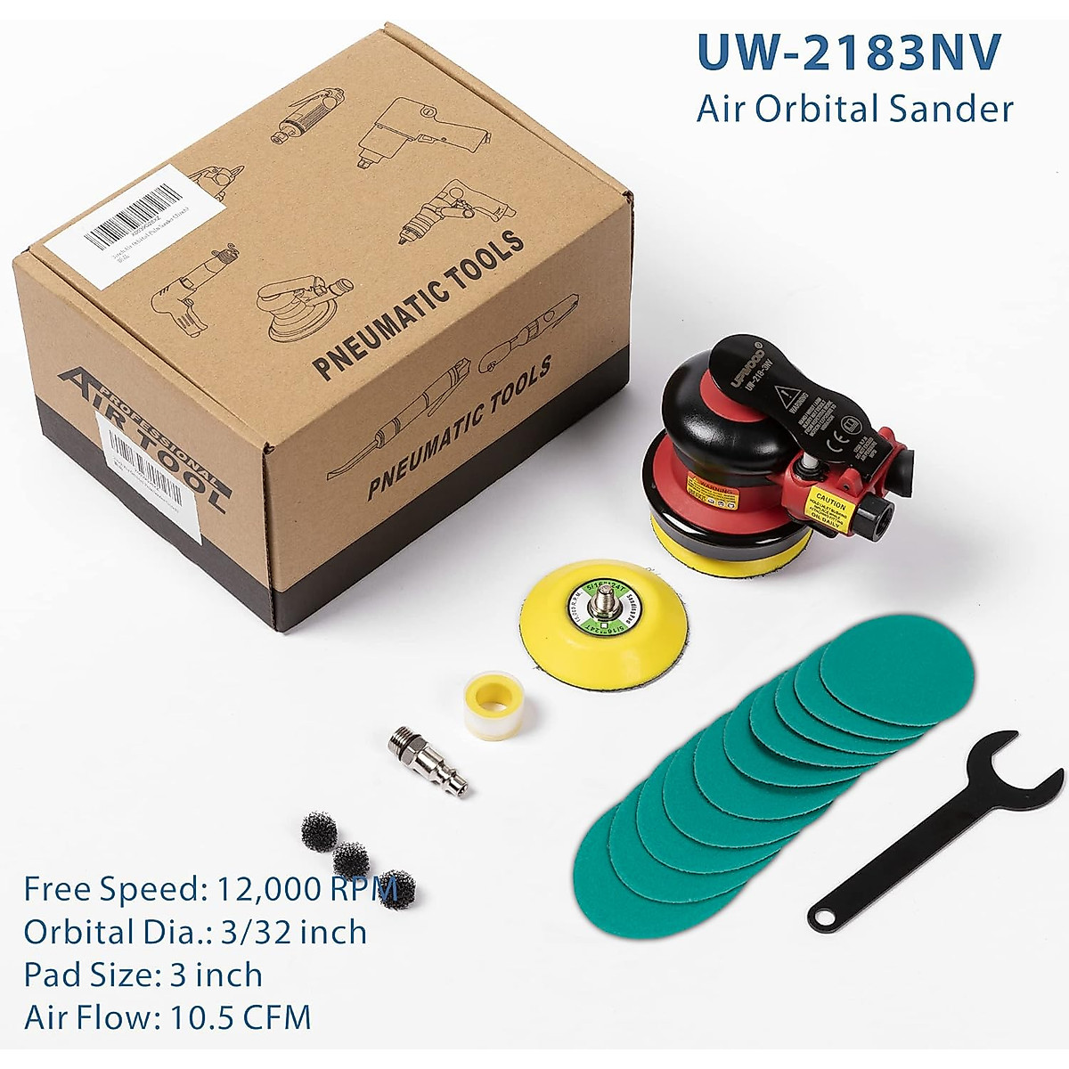 5 inch Air Random Orbital Sander by UPWOOD, Heavy Duty Dual Action Pneumatic Palm Sander with 10pcs Sandpapers, Good for Auto Body Work,Woodworking, Composites, Metal