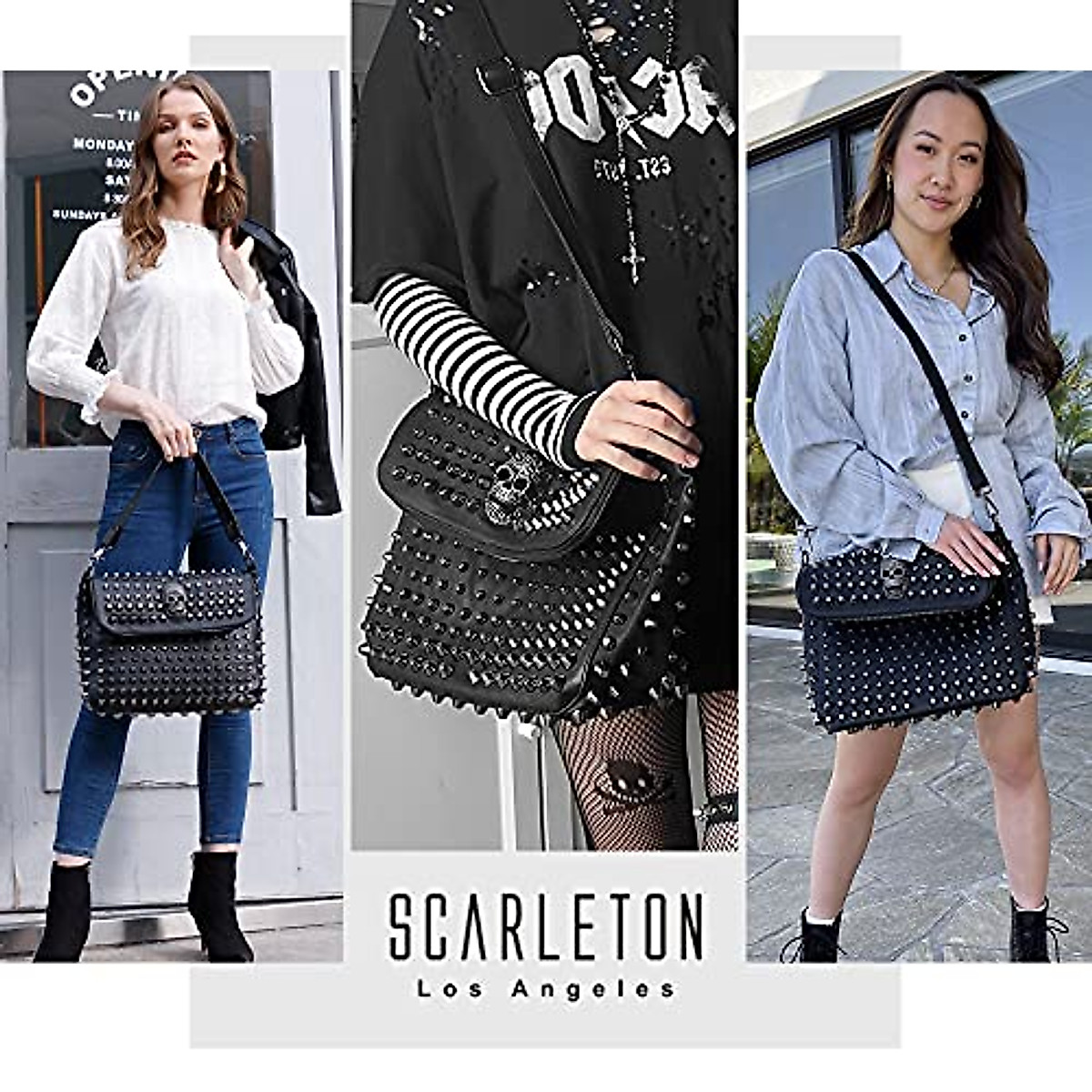 Scarleton Studded Skull Bag for Women, Vegan Leather Gothic Punk Rock Rivet Shoulder Bag, Classic Black Crossbody Handbag - Adjustable Strap Sling H141701