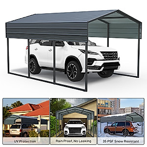 10x15 Ft Metal Carport, Heavy Duty Car Port with Galvanized Steel Roof, Outdoor Car Garage, Large Carport Canopy, Steel Car Shelter for Car, Boats and Truck, Charcoal Black