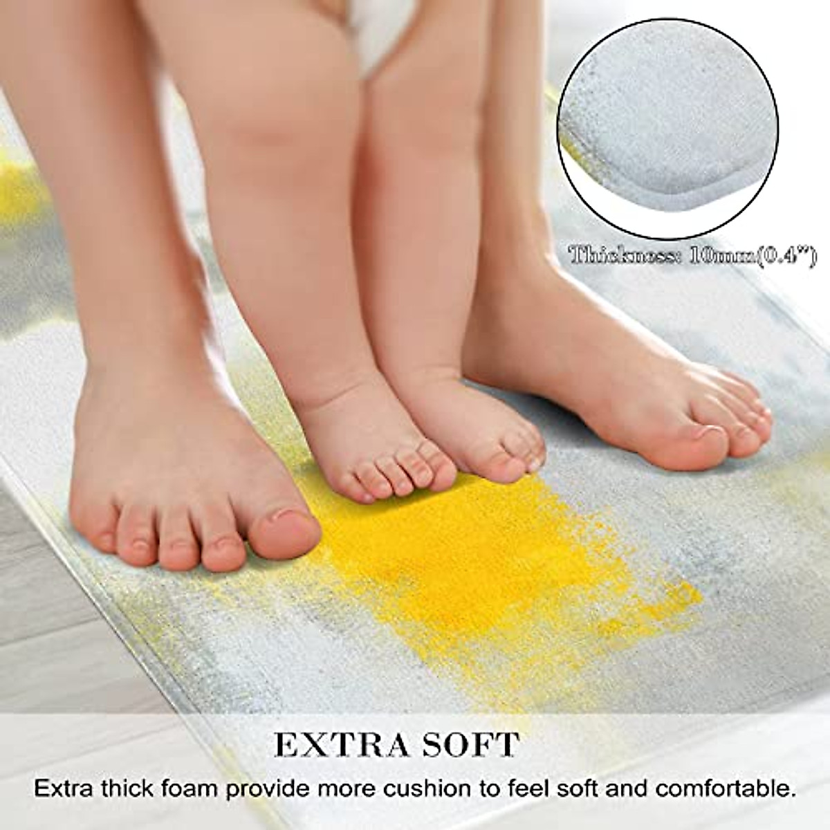 RYANZA 2 Pieces Kitchen Rugs, Abstract Anti Fatigue Non Slip Foam Cushioned Grey and Yellow Art Painting Comfort Indoor Floor Mat Runner Rug Set for Laundry Office Sink Bathroom (17"x48"+17"x24")