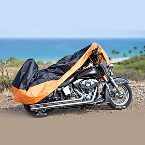 XYZCTEM Motorcycle Cover – All Season Waterproof Outdoor Protection – Fit up to 116 inch Tour Bikes, Choppers and Cruisers – Protect Against Dust, Debris, Rain and Weather(XXXL,Black& Orange)